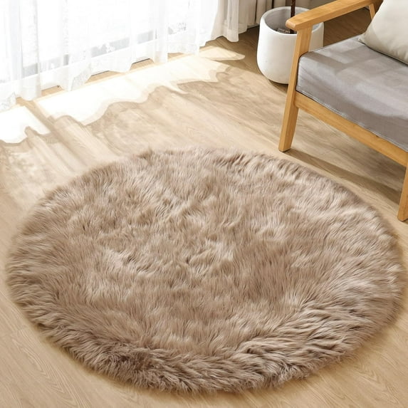 Beige Round Cozy 4ft Shag Rug Washable Furry Soft Area Rug for Living ...