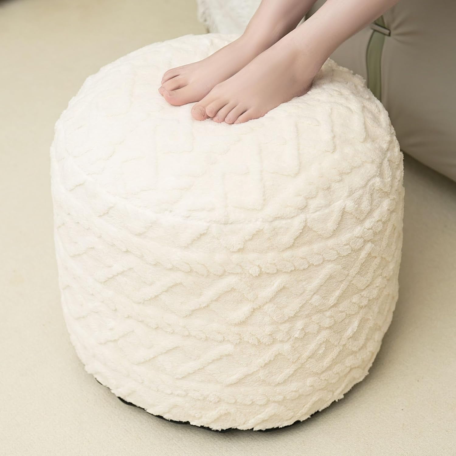 Beige Round Faux Fur Ottoman Pouf - 20x15 Inch Storage Foot Stool ...