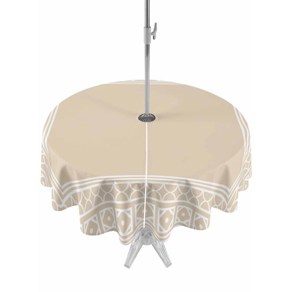 Beige Round Outdoor Tablecloth with Umbrella Hole Boho Diamond Pattern ...