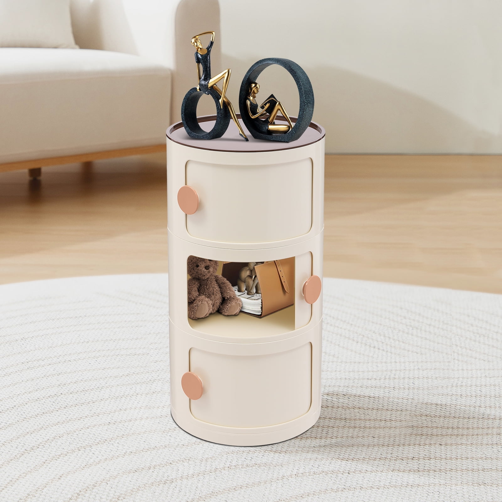 Beige Round Storage Cabinet, Cylinder 3-tier Bedside Cabinet Bedside ...