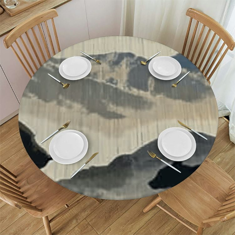 Beige Round Waterproof Table Cover Fitted Tablecloth, Wipeable Fabric ...