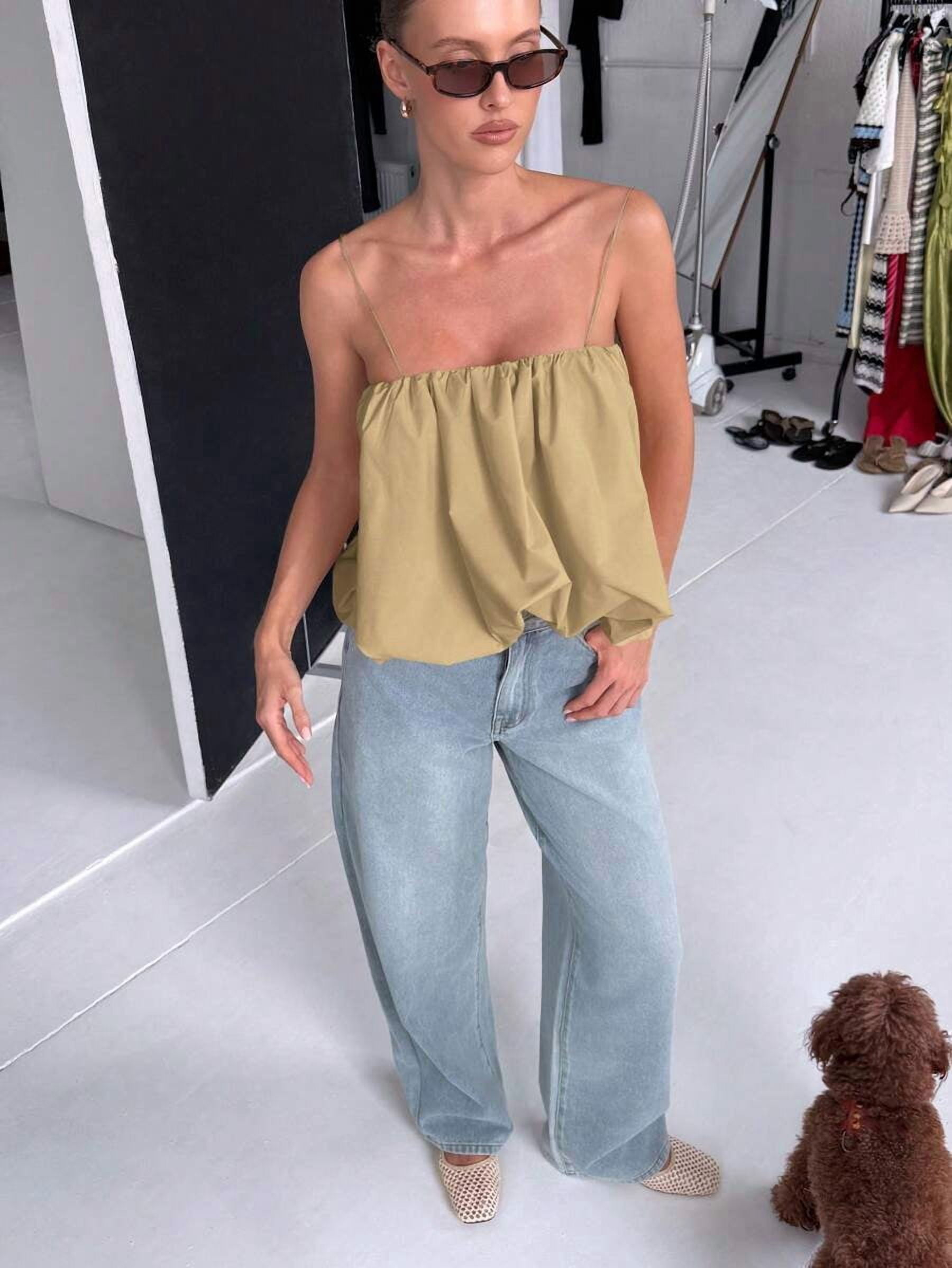 Beige Ruched Camisole Top With Balloon Hem And Thin Spaghetti Straps ...