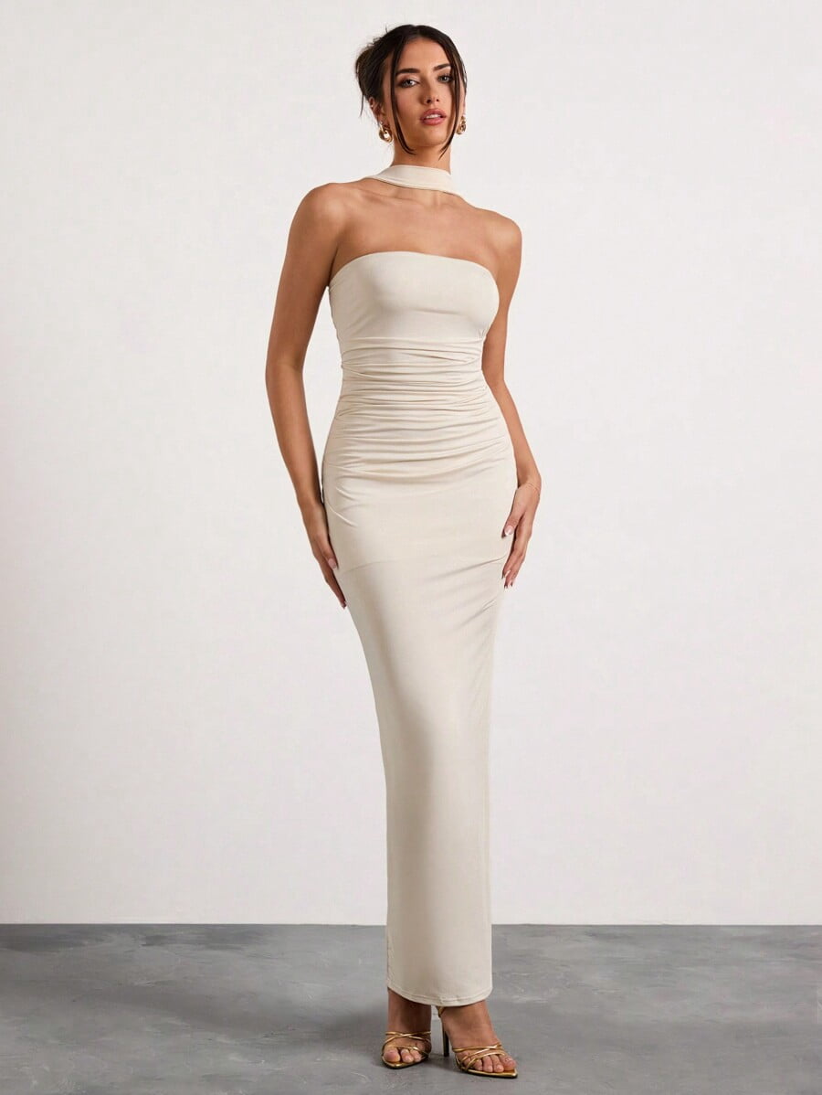 Beige Ruched Halterneck Strapless Maxi Dress For Evening Formal ...