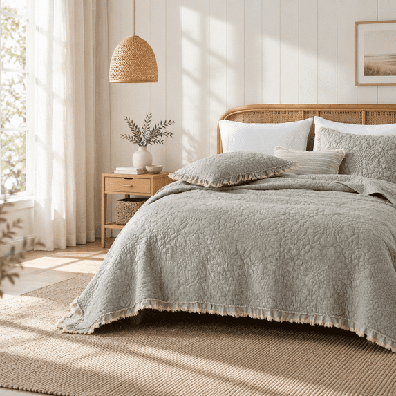 Beige Ruffled Quilt Size Stone-washedfiber Lightweight Crinkled ...