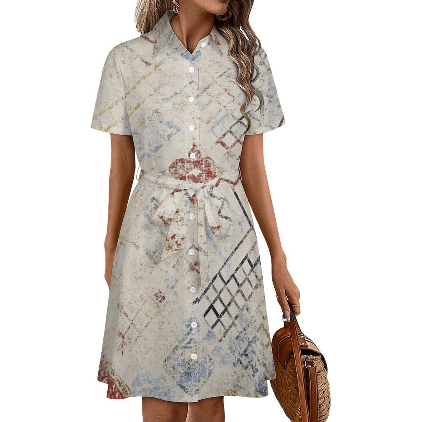 Beige Rug Geometric Design Pattern Womens Shirt Dresses Women'S Short ...