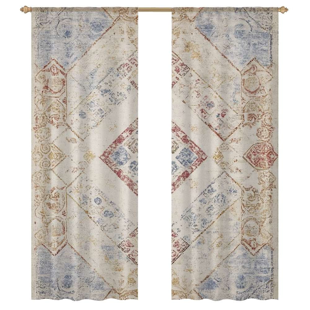 Beige Rug Geometric Pattern Design Tulle Curtains For Living Room ...