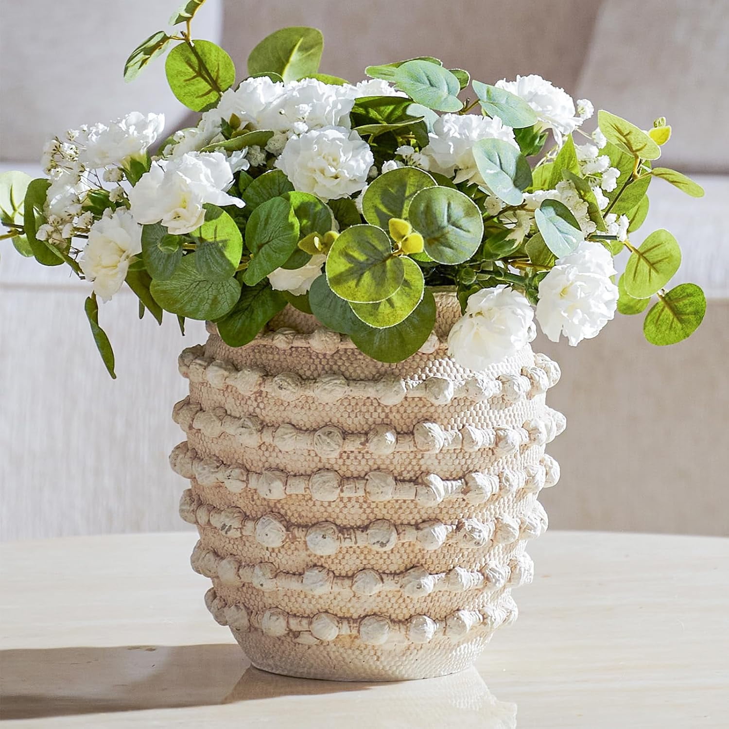 Beige Rustic Farmhouse Vase, 6.6 Inch Textured Boho Vase for Home Decor ...
