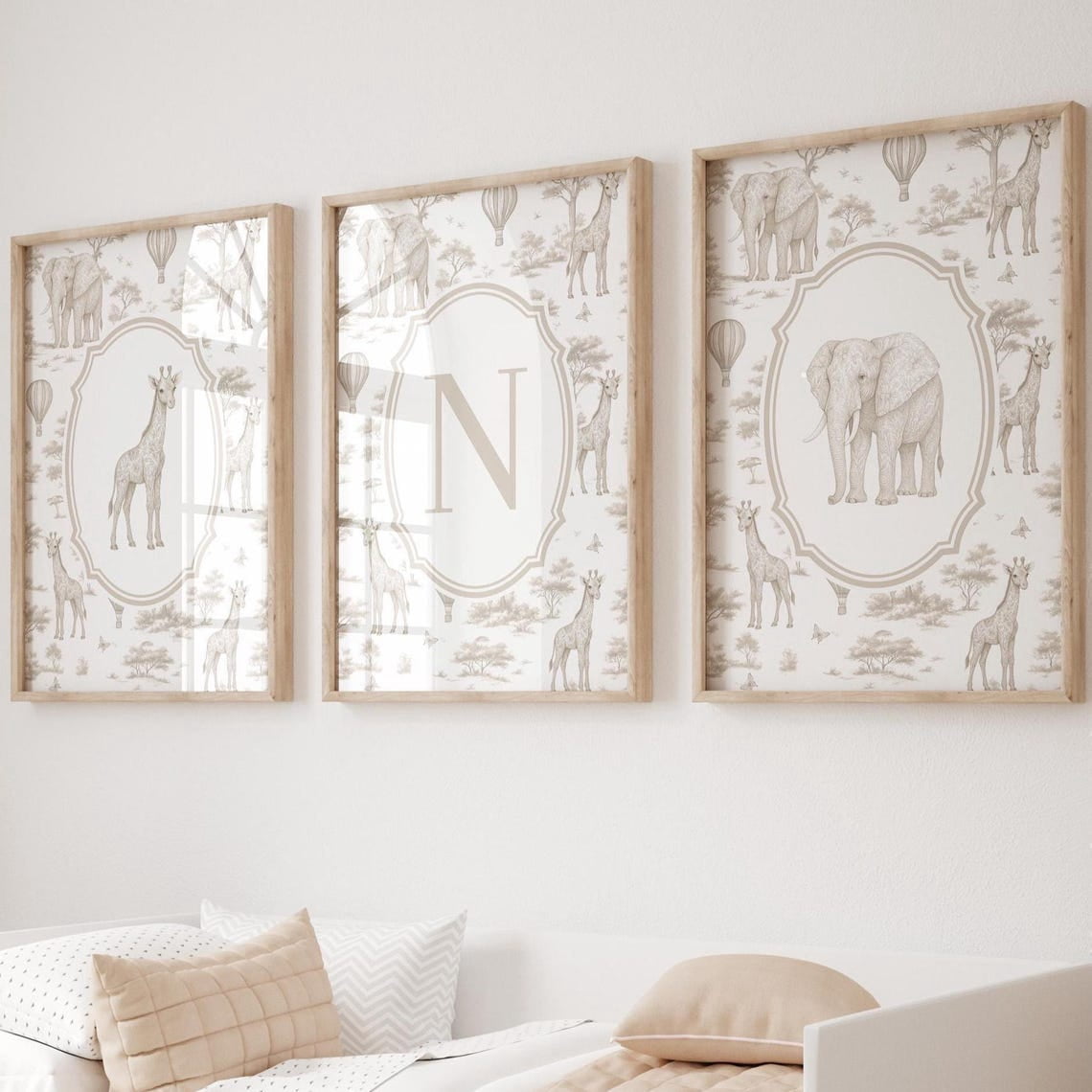Beige Safari Nursery Art Prints Chinoiserie Toile de Jouy Animals Set 3 ...