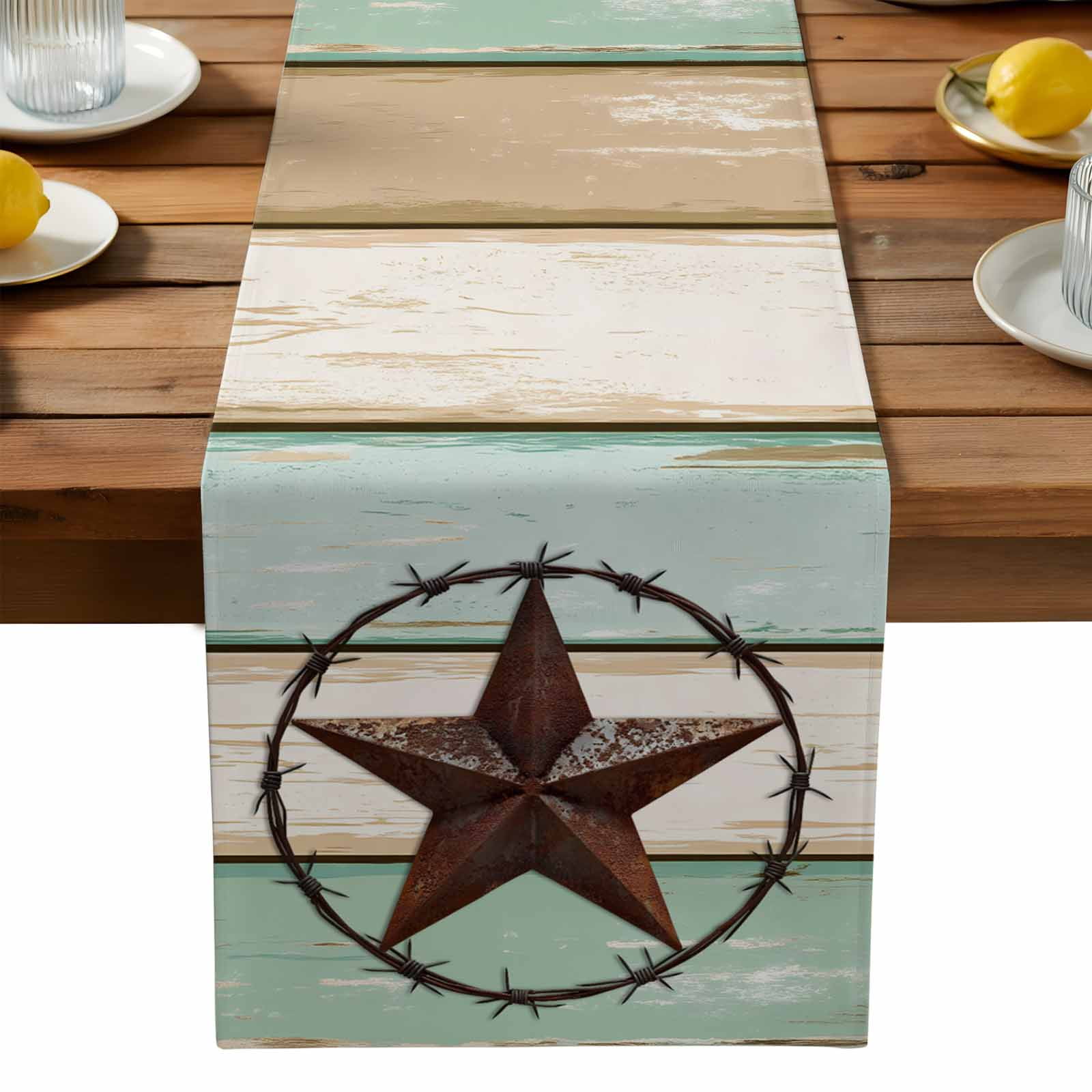 Beige Sage Green Texas Star Cotton Linen Table Runner for Dining ...