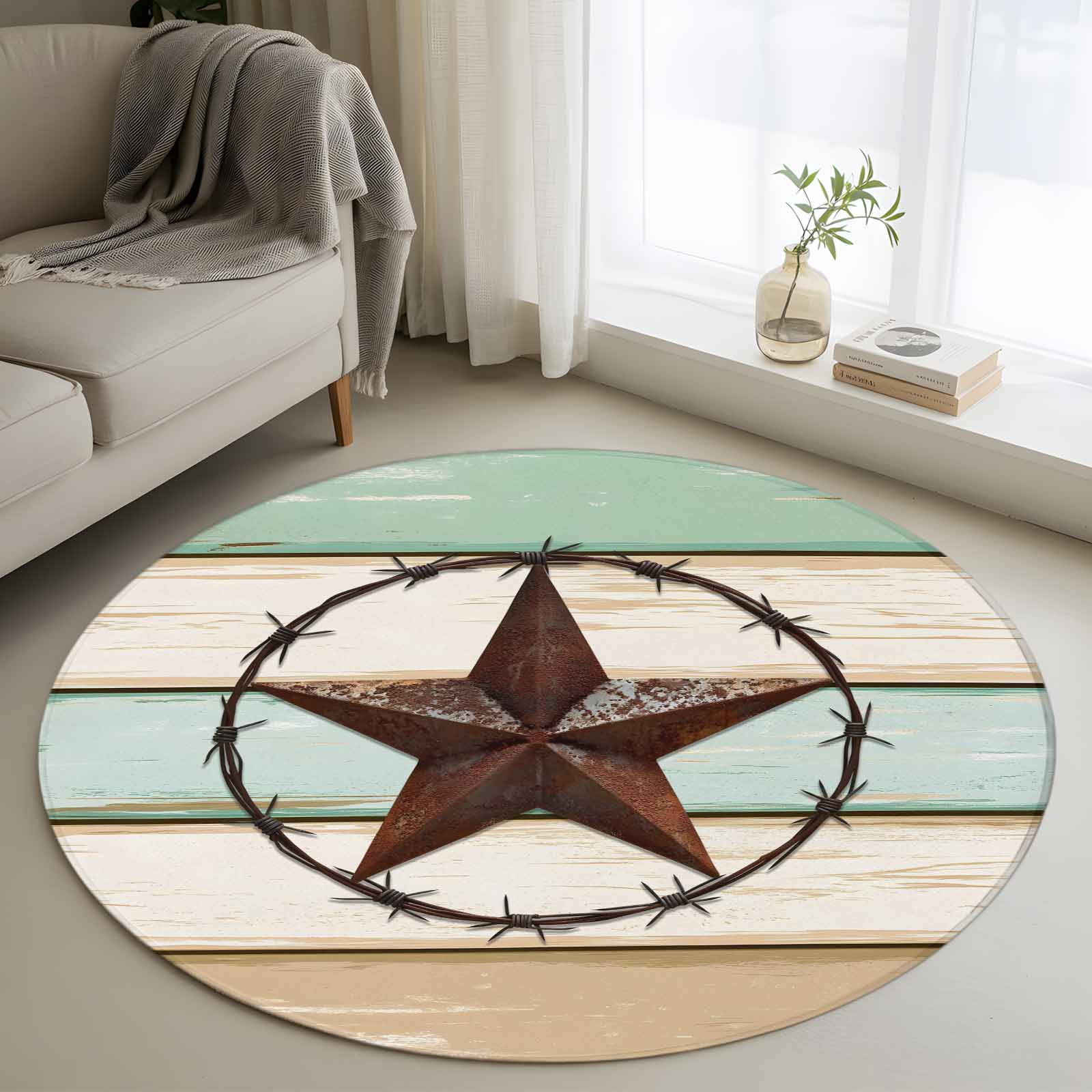 Beige Sage Green Texas Star Round Area Rug 4 FT, Non Slip Indoor ...
