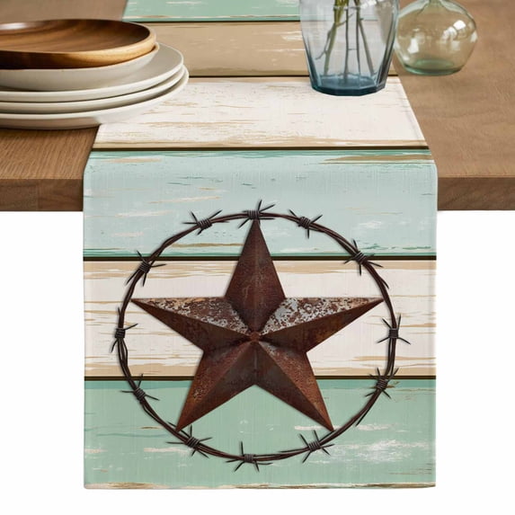 Beige Sage Green Texas Star Table Runner, Vintage Stars Wooden Washable ...