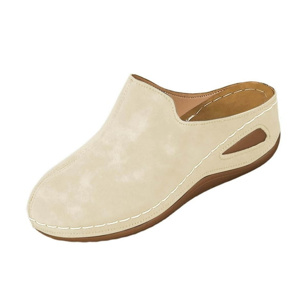 Beige Sandals For Women Closed Toe Wedge Heel Straight Cut Chunky Sole ...
