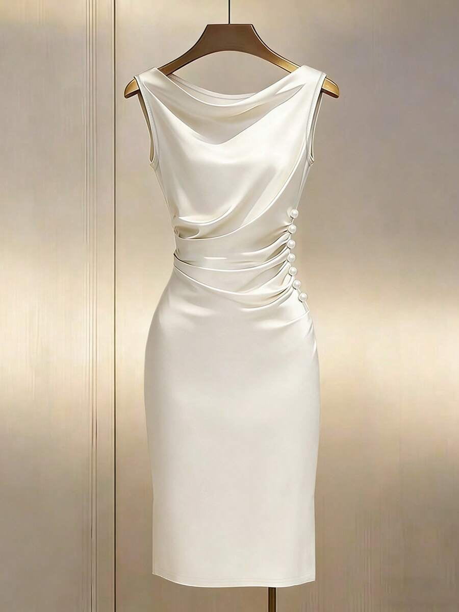Beige Satin Cowl Neck Sleeveless Ruched Midi Dress With Pearl Buttons ...