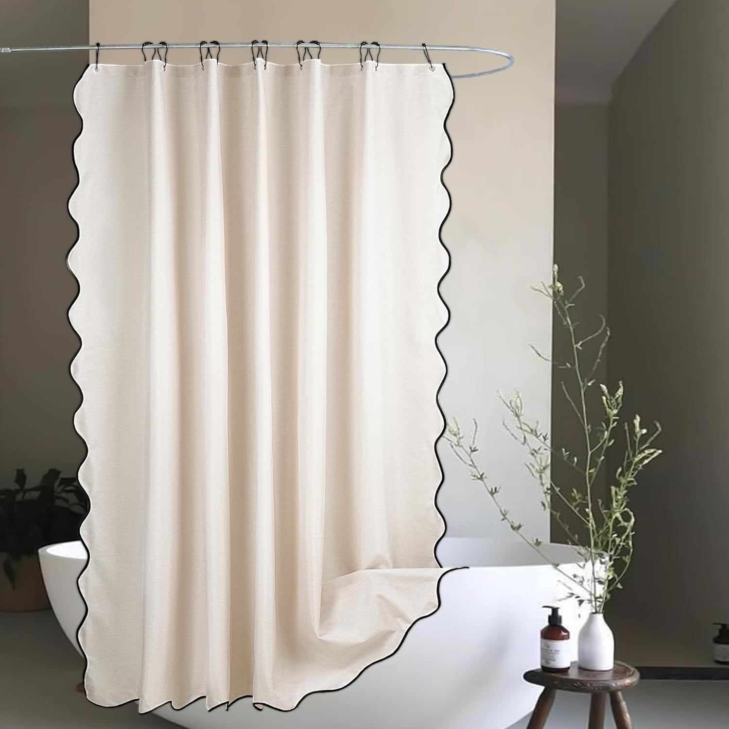 Beige Scalloped Edge Bath Drape Linen Textured featuring 12 Metal Hooks ...