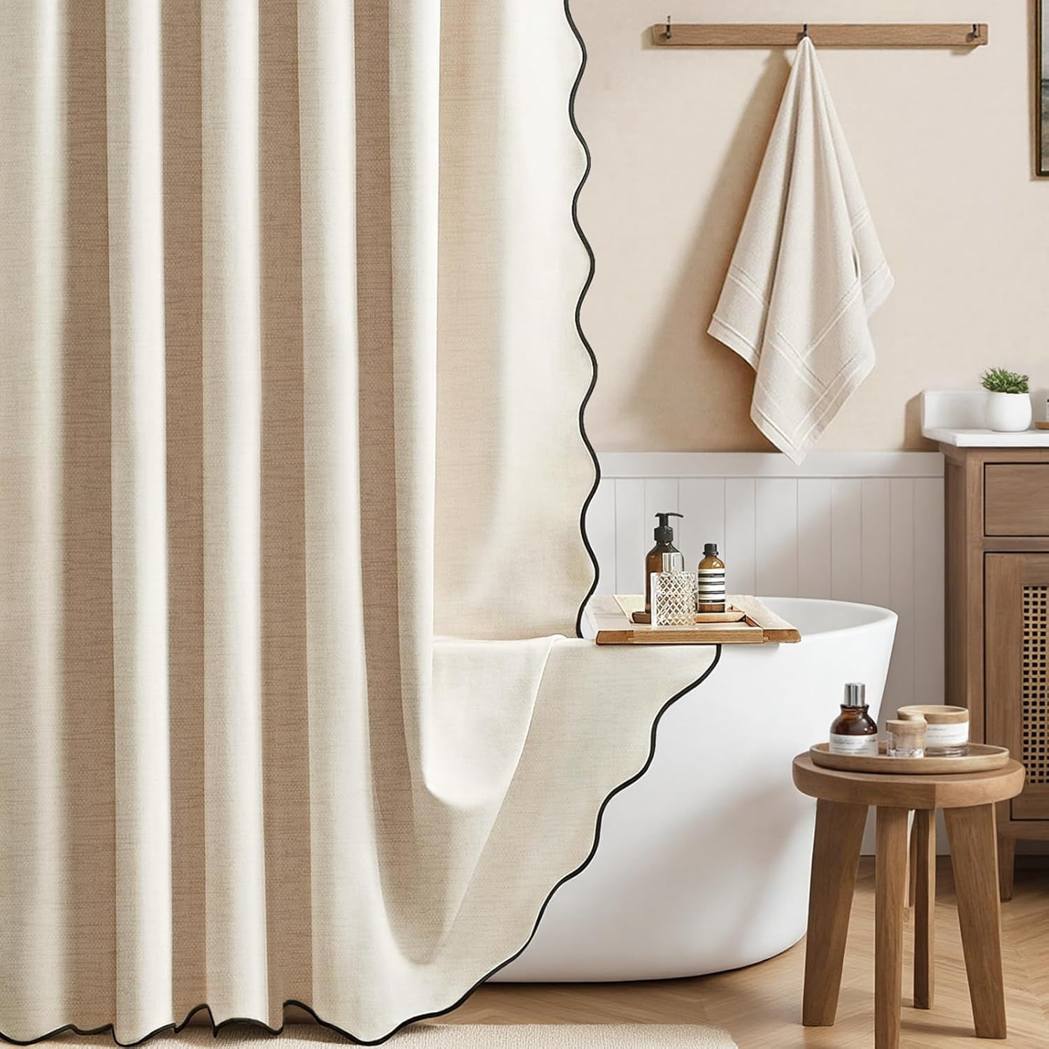 Beige Scalloped Shower Curtain, Boho Linen Textured Heavy Duty Shower ...