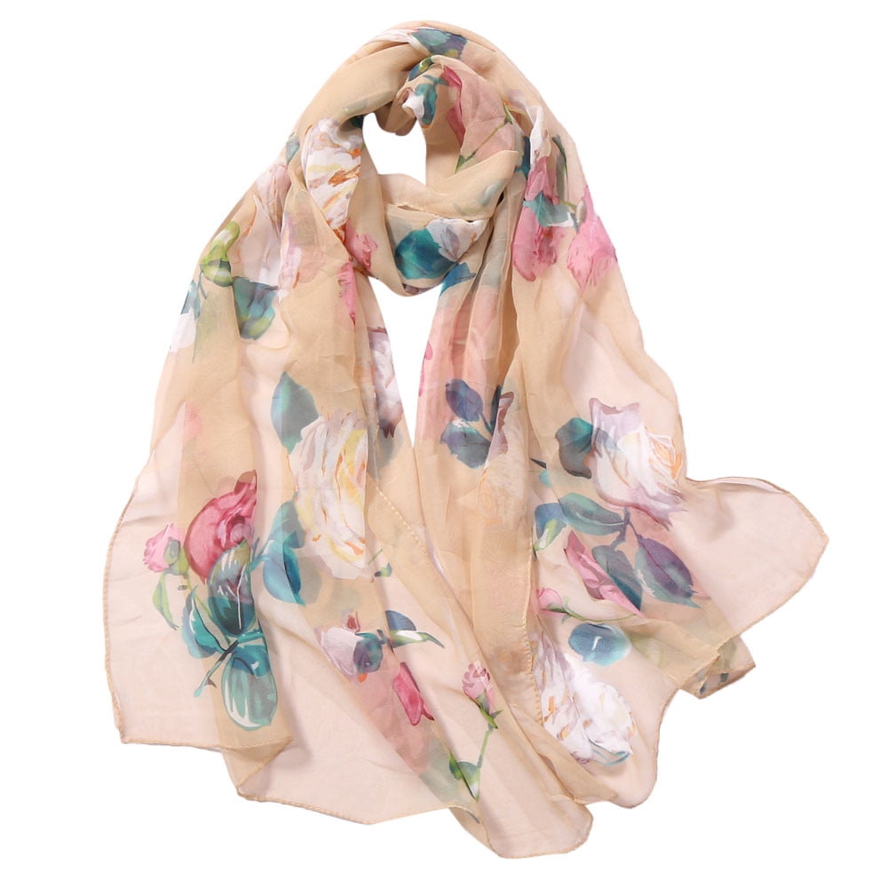 Beige Scarf Fashion Women Roses Printing Long Soft Wrap Scarf ...