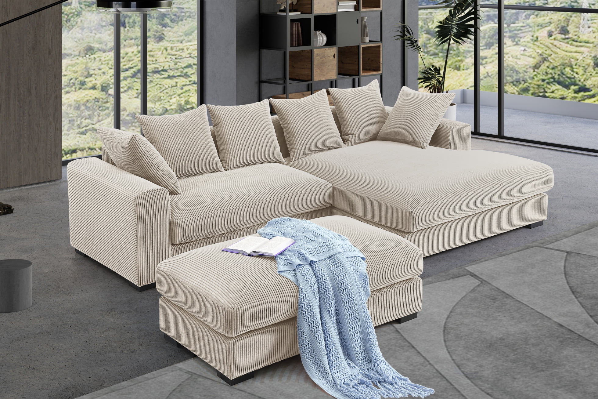 Beige Sectional Couch with Movable Ottoman, Convertible L-shaped ...