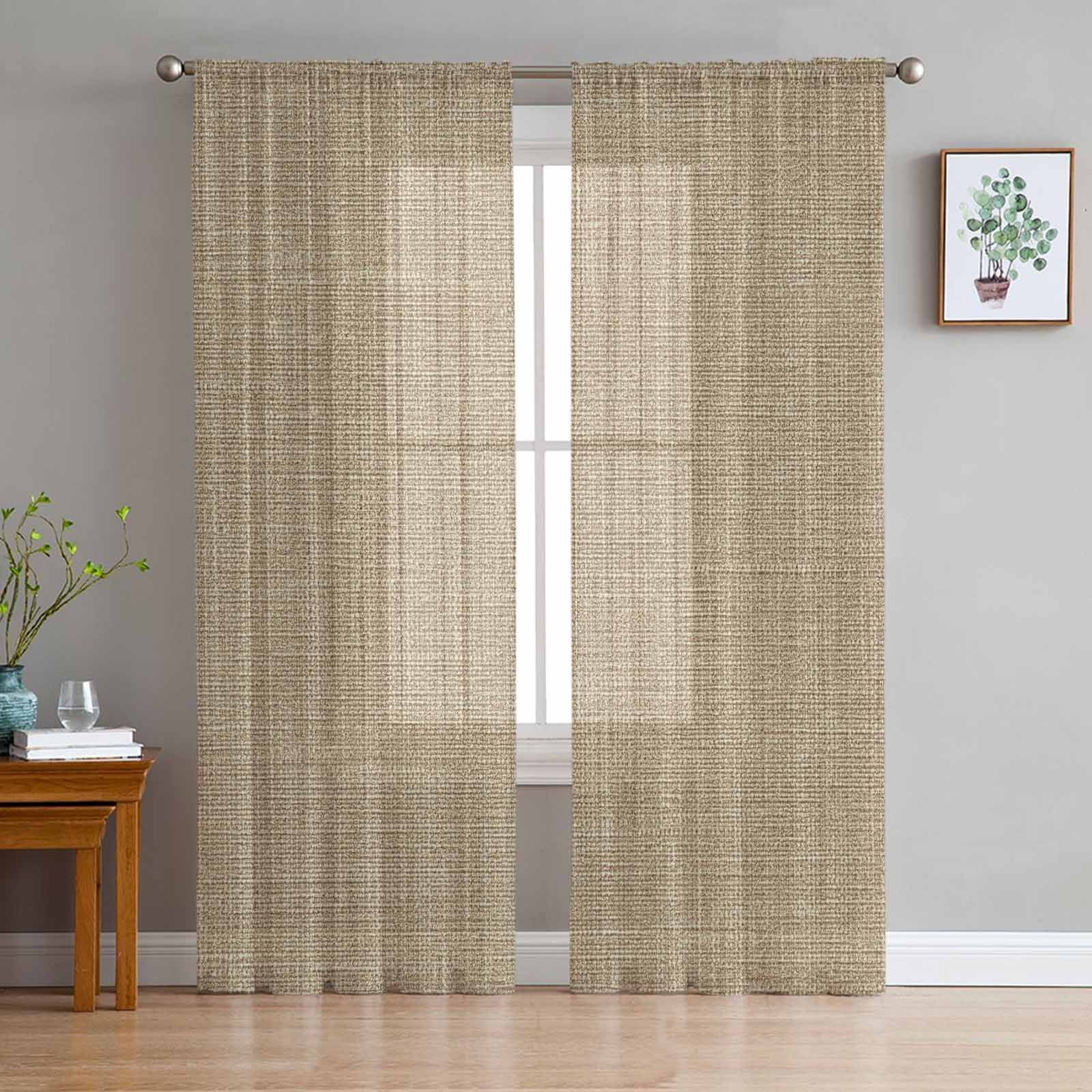 Beige Semi Sheer Window Curtains 72 Inches Long, Farmhouse Burlap Solid ...