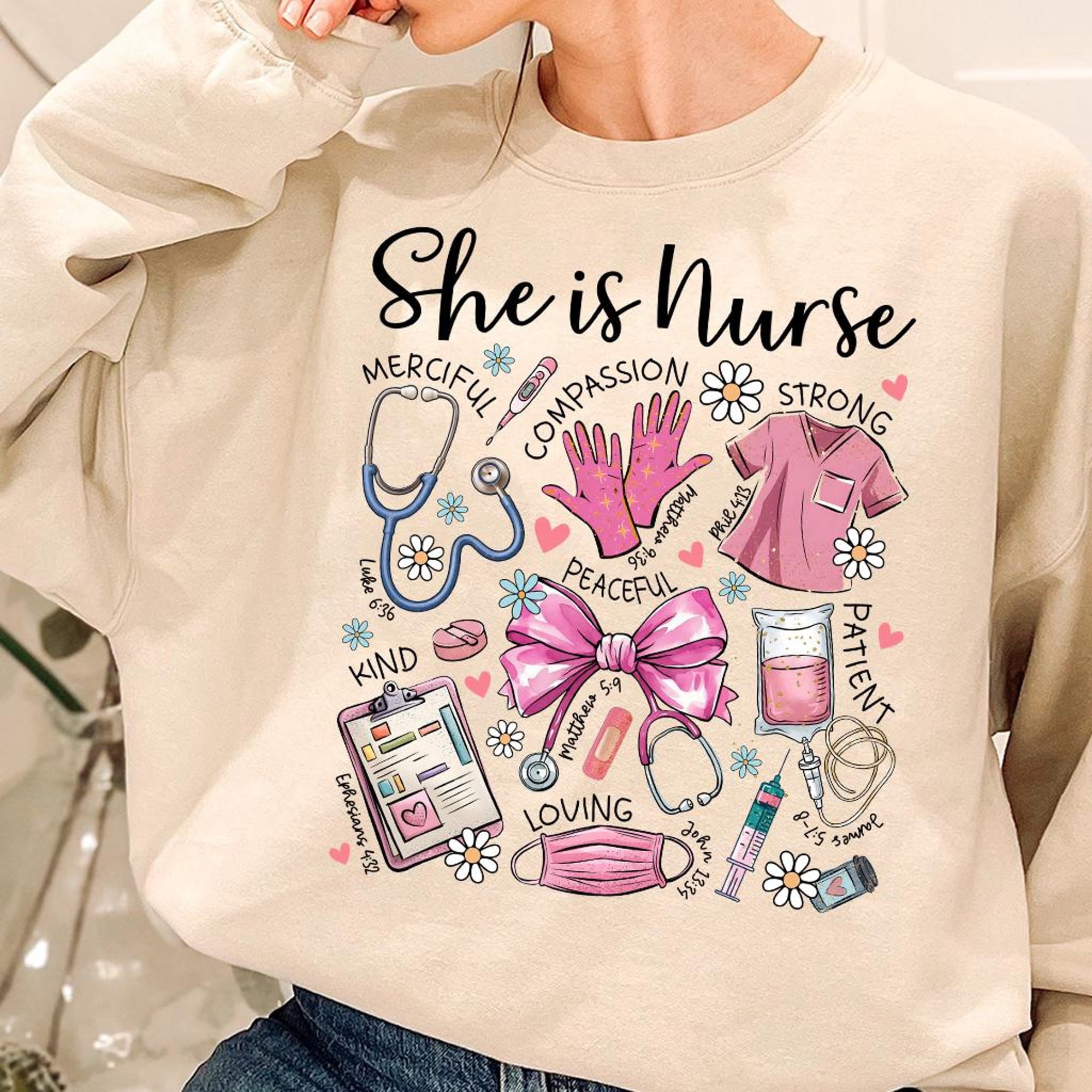 Beige "She is Nurse" Sweatshirt with Medical Symbols and Positive ...