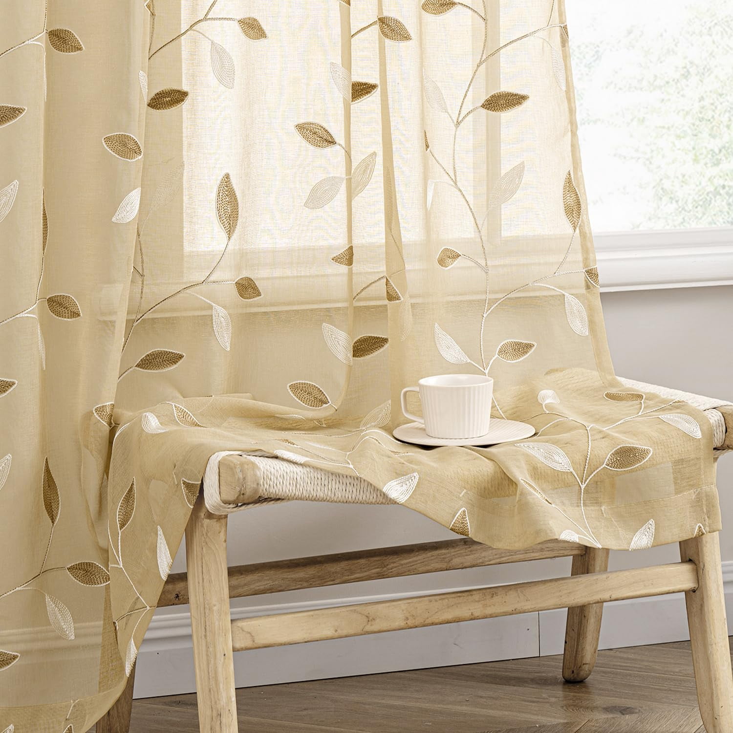 Beige Sheer Curta2 Panels Embroidered Leaf Patterned Rod Pocket Flsemi ...
