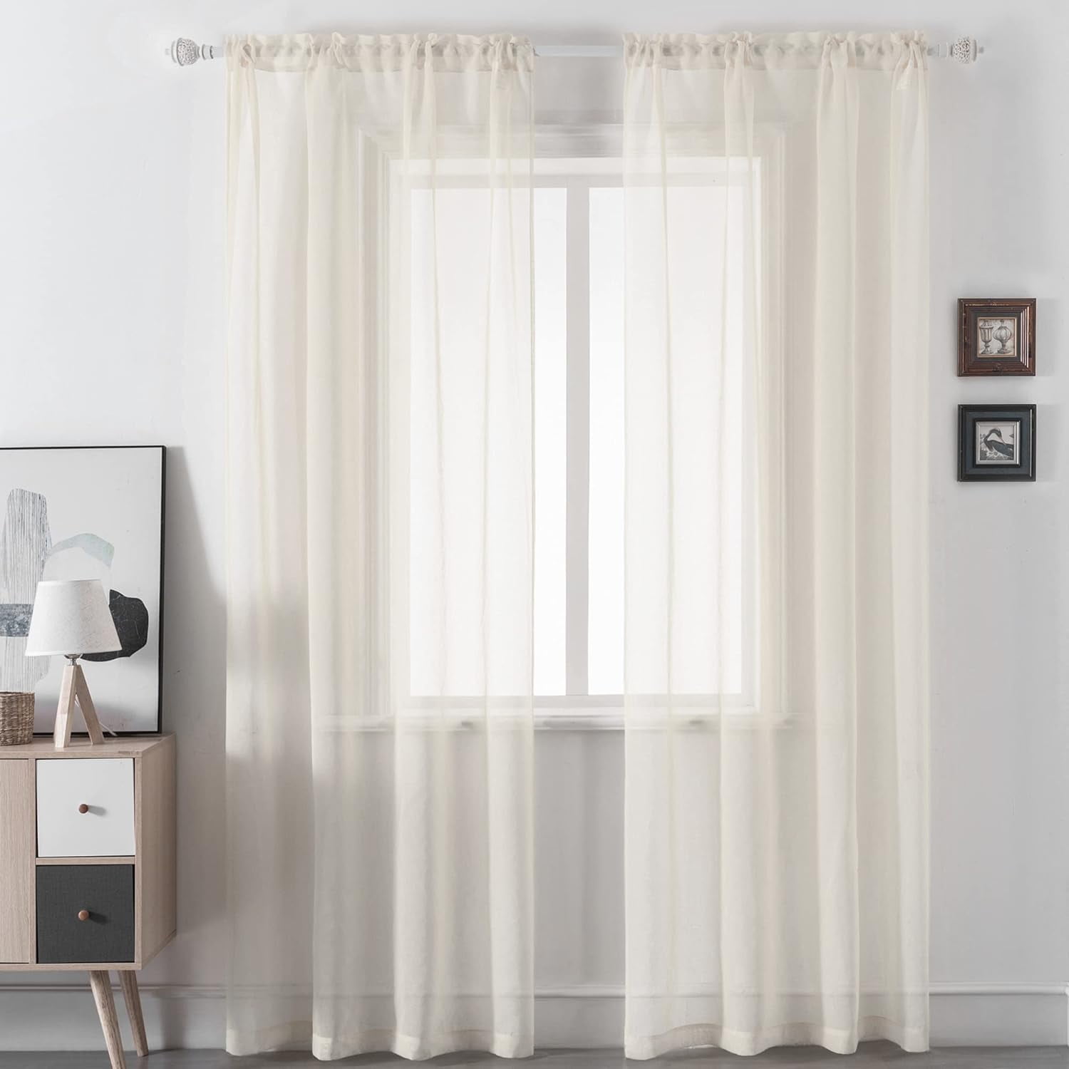 Beige Sheer Curtains 108 Inches Long,Faux Linen Ivory Semi Sheer ...