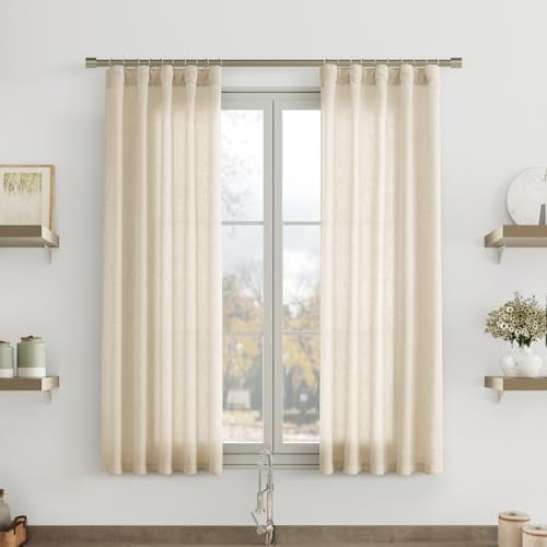 Beige Sheer Curtains 45 Inch Length for Kitchen Linen Textured Hook ...