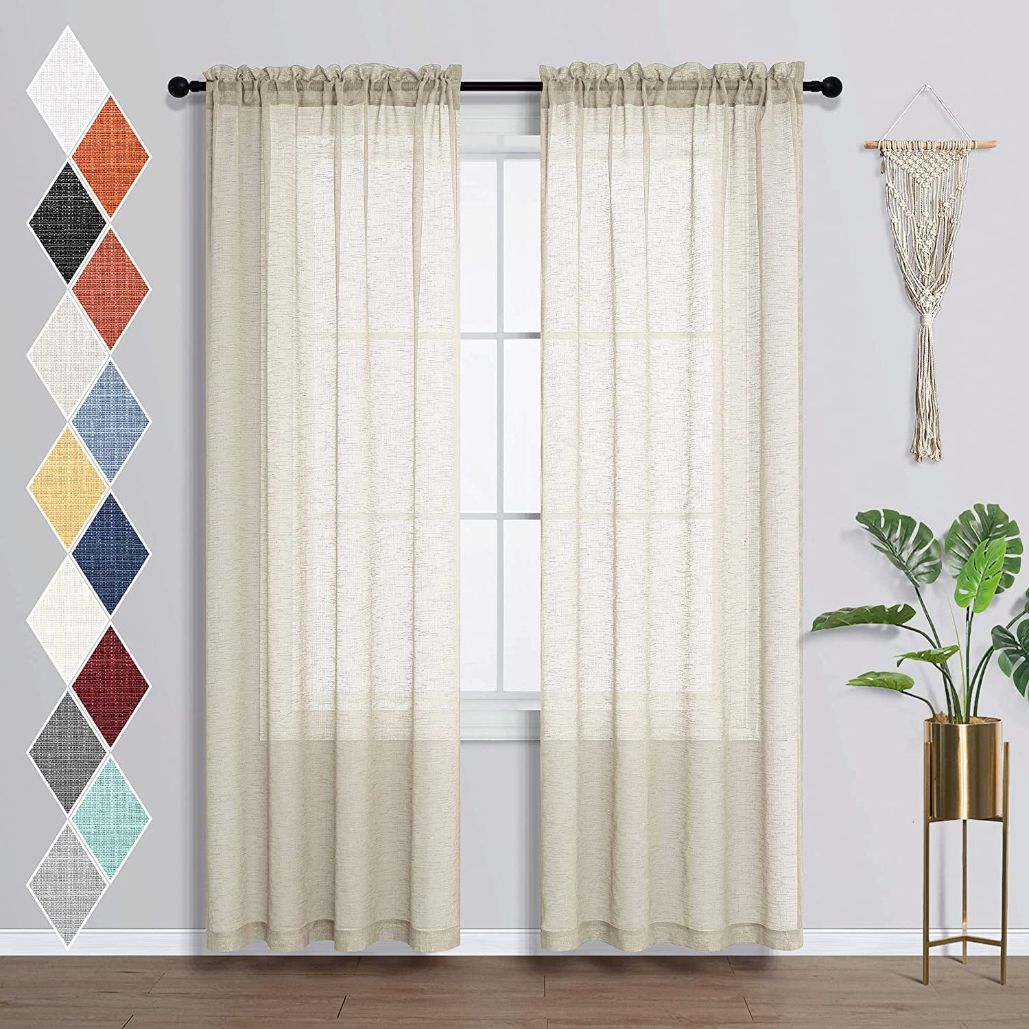 Beige Sheer Curtains 84 Inch Length for Living Room Set 2 Panels Rod ...