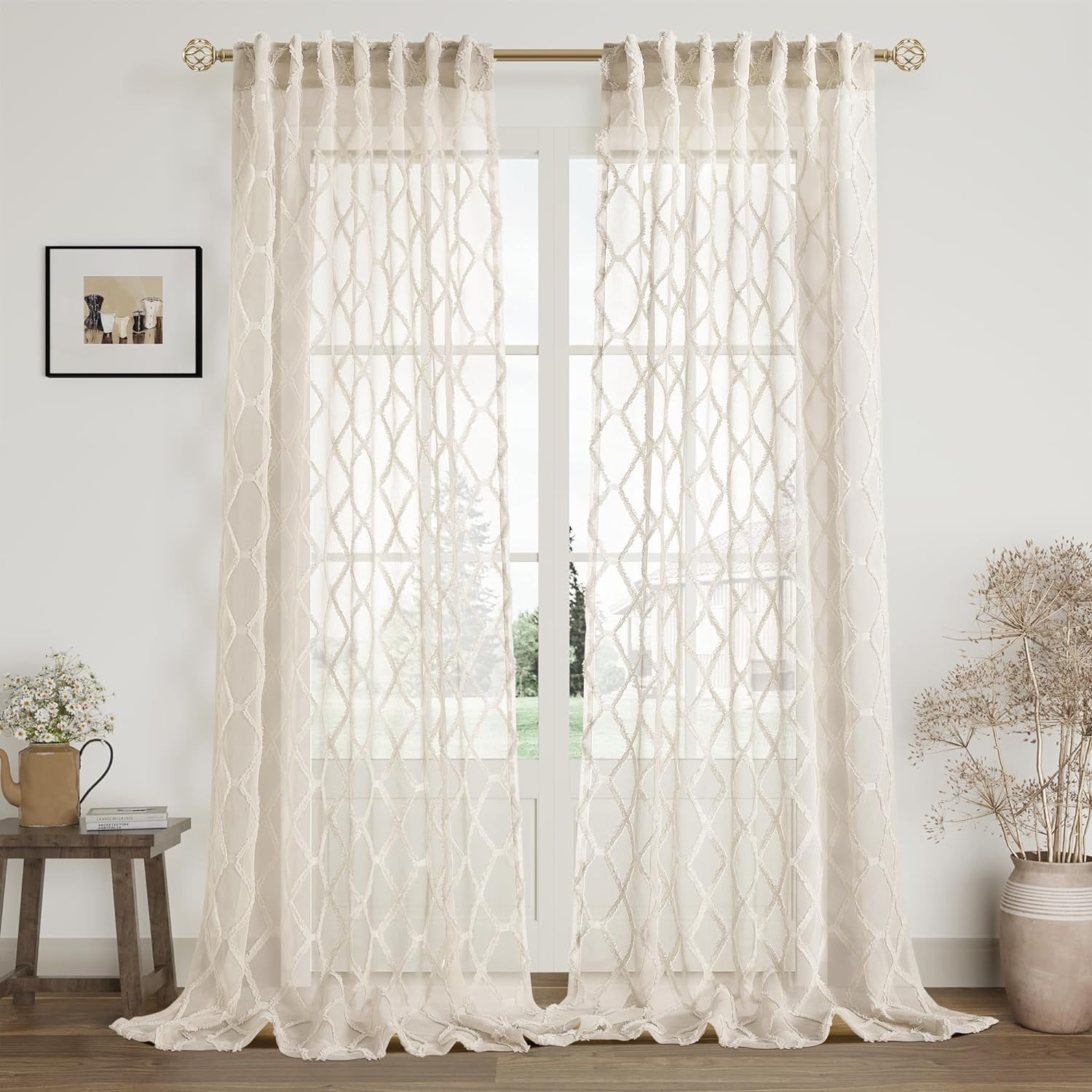 Beige Sheer Curtains, Back Tab Pocket Boho Farmhouse Geometric ...