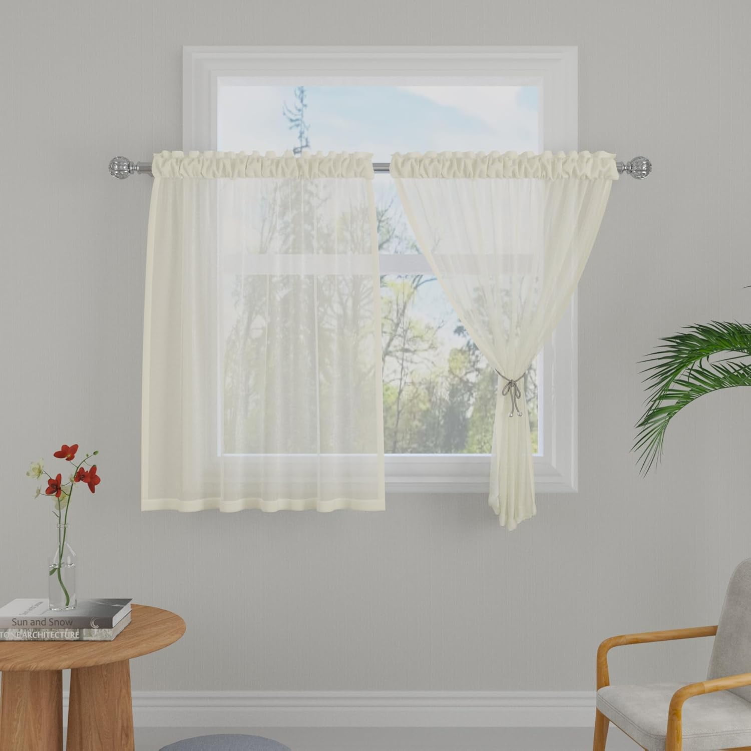 Beige Sheer Tiers Curtains Set Semi Light Filtering Voile para Rod ...