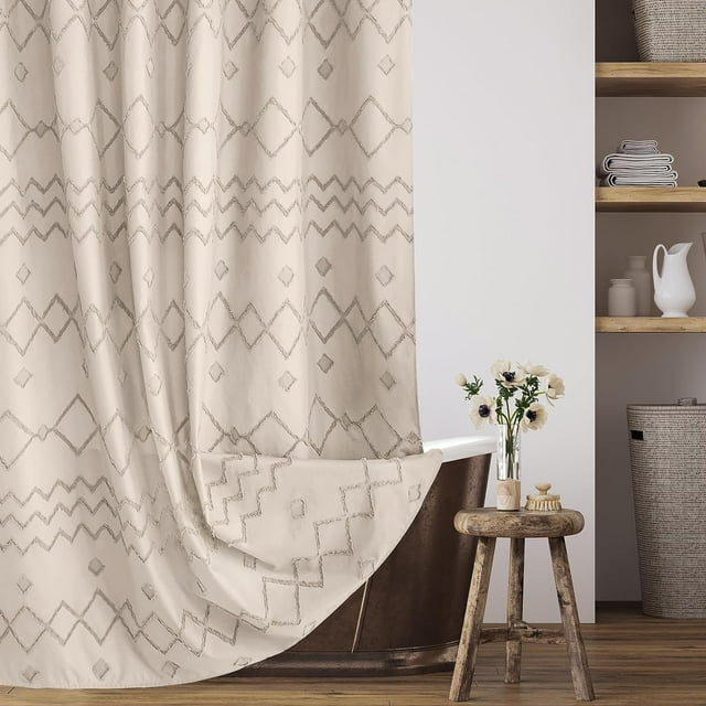 Beige Shower Curtain Boho Woven Modern Farmhouse Fabric Shower Curtain