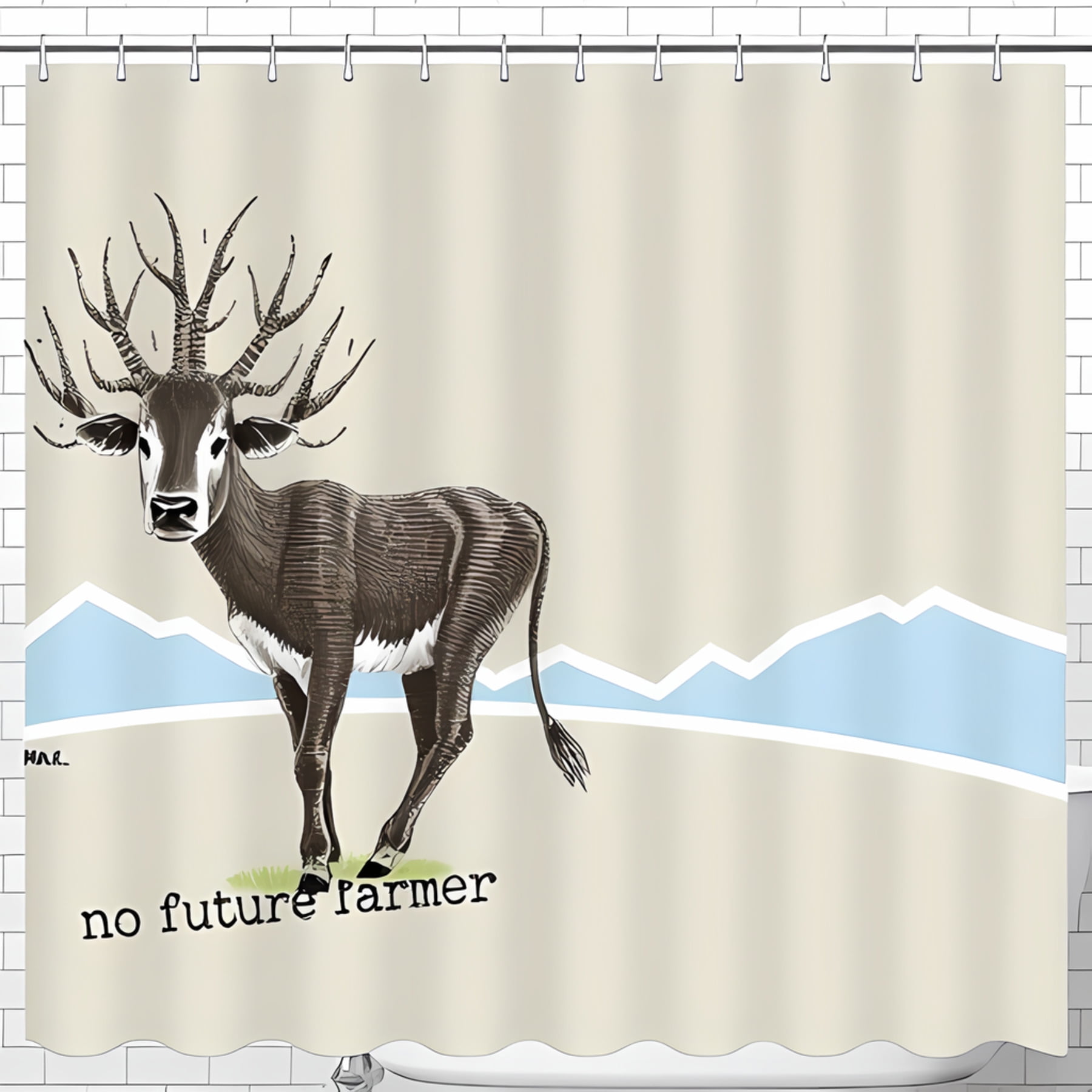 Beige Shower Curtain with Detailed Ink Drawing of Pensive Deer & Light ...