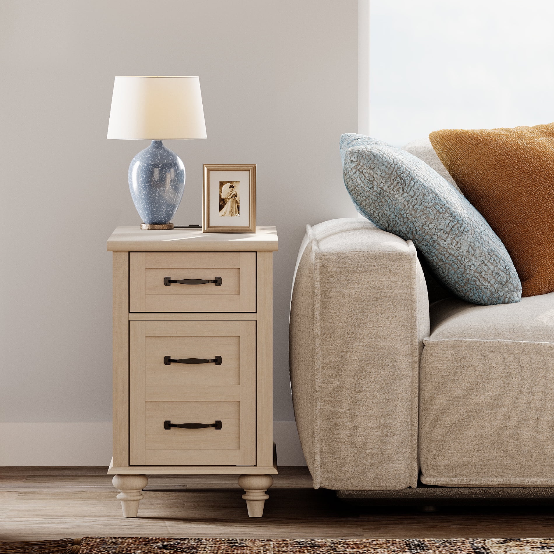 Beige Side Table with Drawer & Cabinet, Elegant End Table with Charging ...