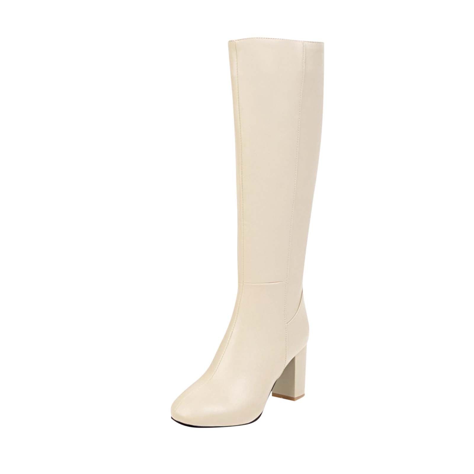 Beige Side Zipper High Heel Tall Boots For Women With Chunky Heel ...
