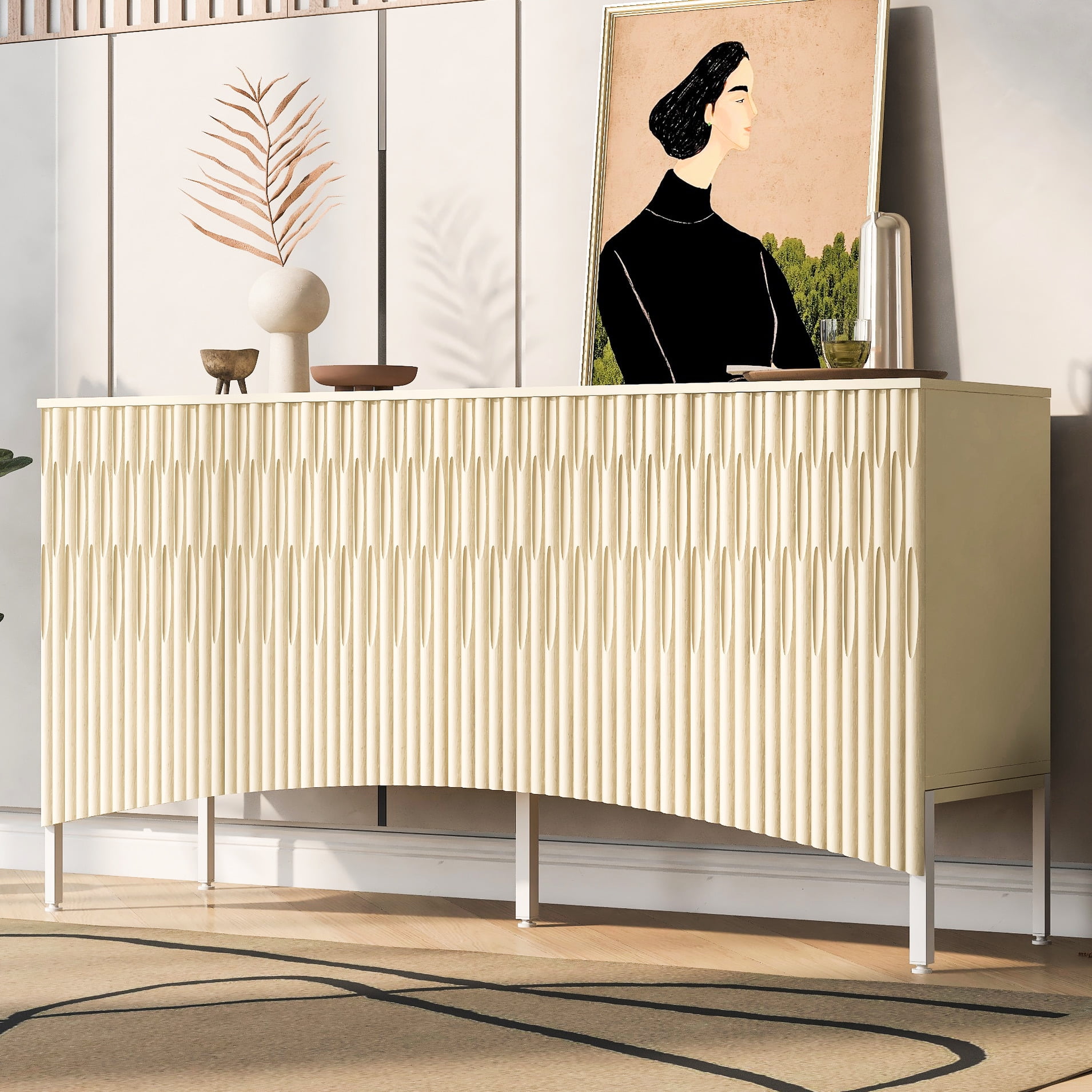 Beige Sideboard With Sophisticated Curved Door & Arched Groove Detail ...