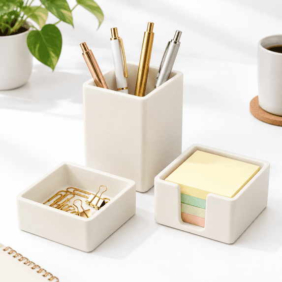 Beige Silicone 3-Piece Desktop Organizer Set with Pen Holder, Paperclip ...