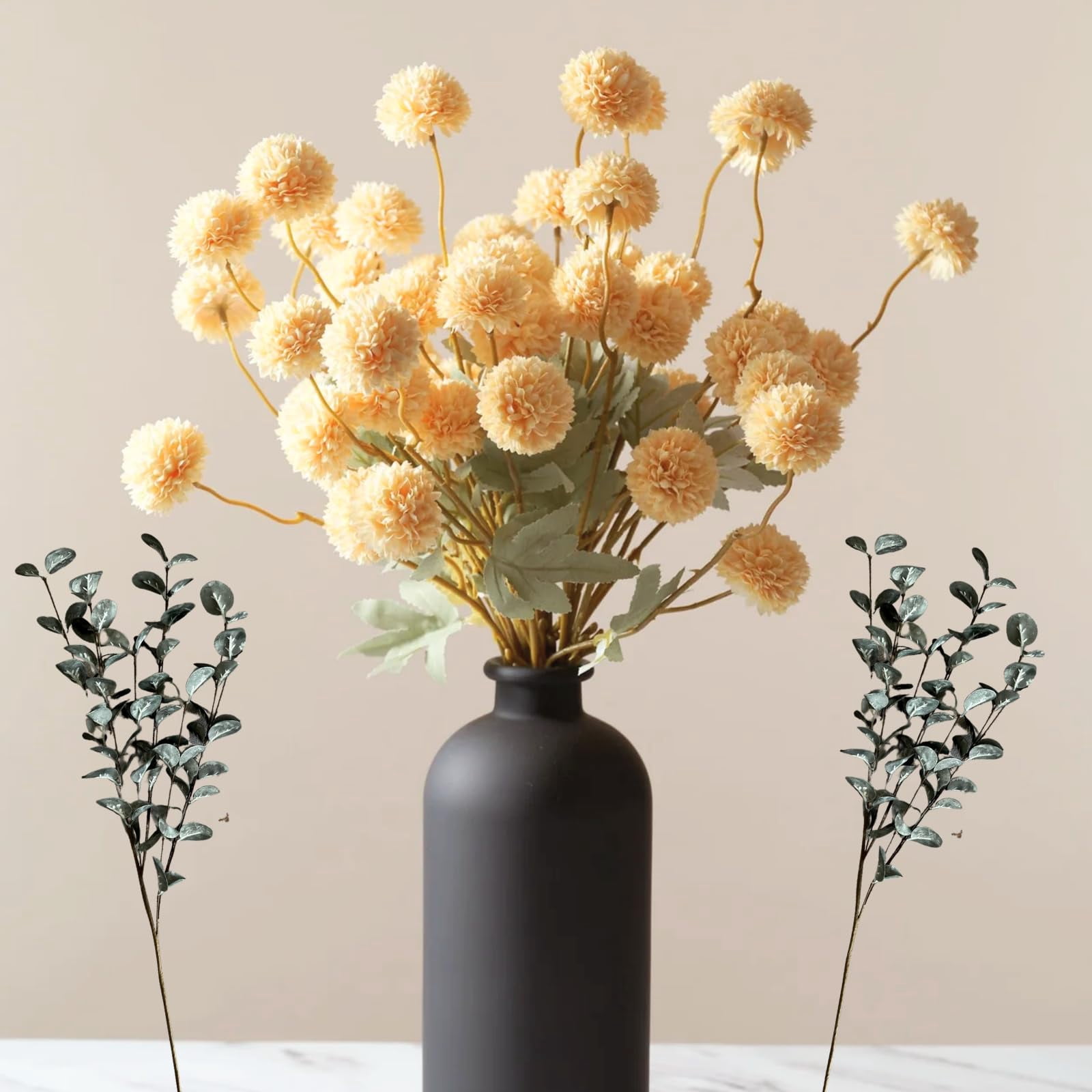 Beige Silk Mums Artificial Flowers 10 Stems Eucalyptus Faux Floral Home ...