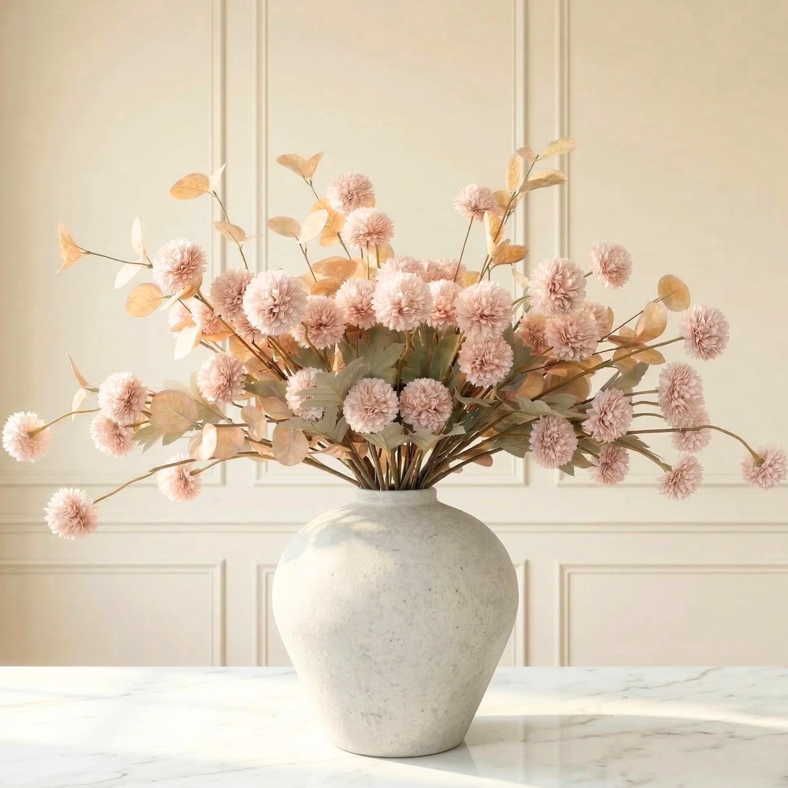 Beige Silk Mums Artificial Flowers 10 Stems Eucalyptus Faux Floral Home ...