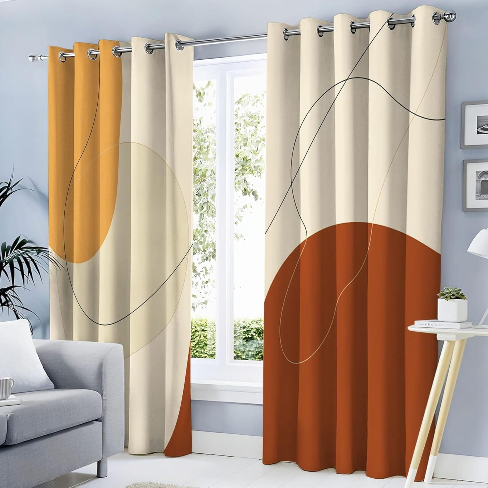 Beige Simple Lines Geometric Shapes Blackout Curtains, Bohemian Art ...