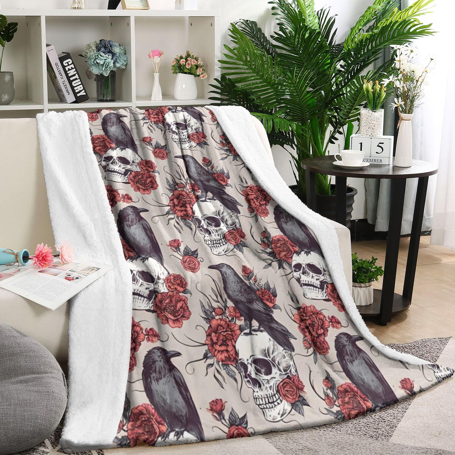 Beige Skull Crow Flower Pattern Blanket,Comfortable Soft Lamb Wool ...