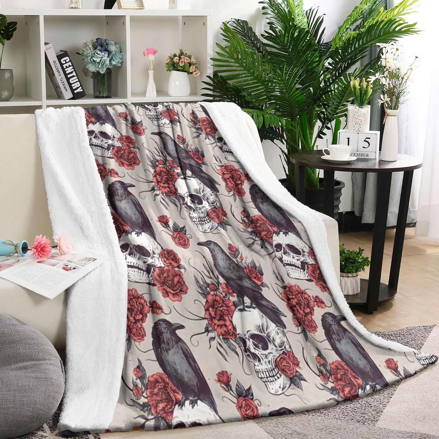 Beige Skull Crow Flower Pattern Blanket,Comfortable Soft Lamb Wool ...