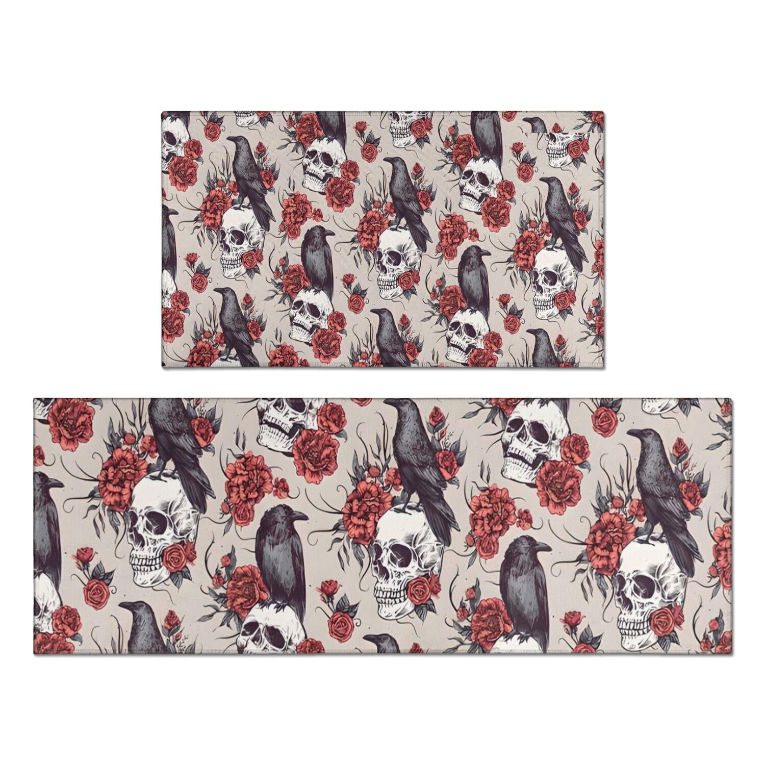 Beige Skull Crow Flower Pattern Kitchen Rugs Sets Of 2,Anti Fatigue ...