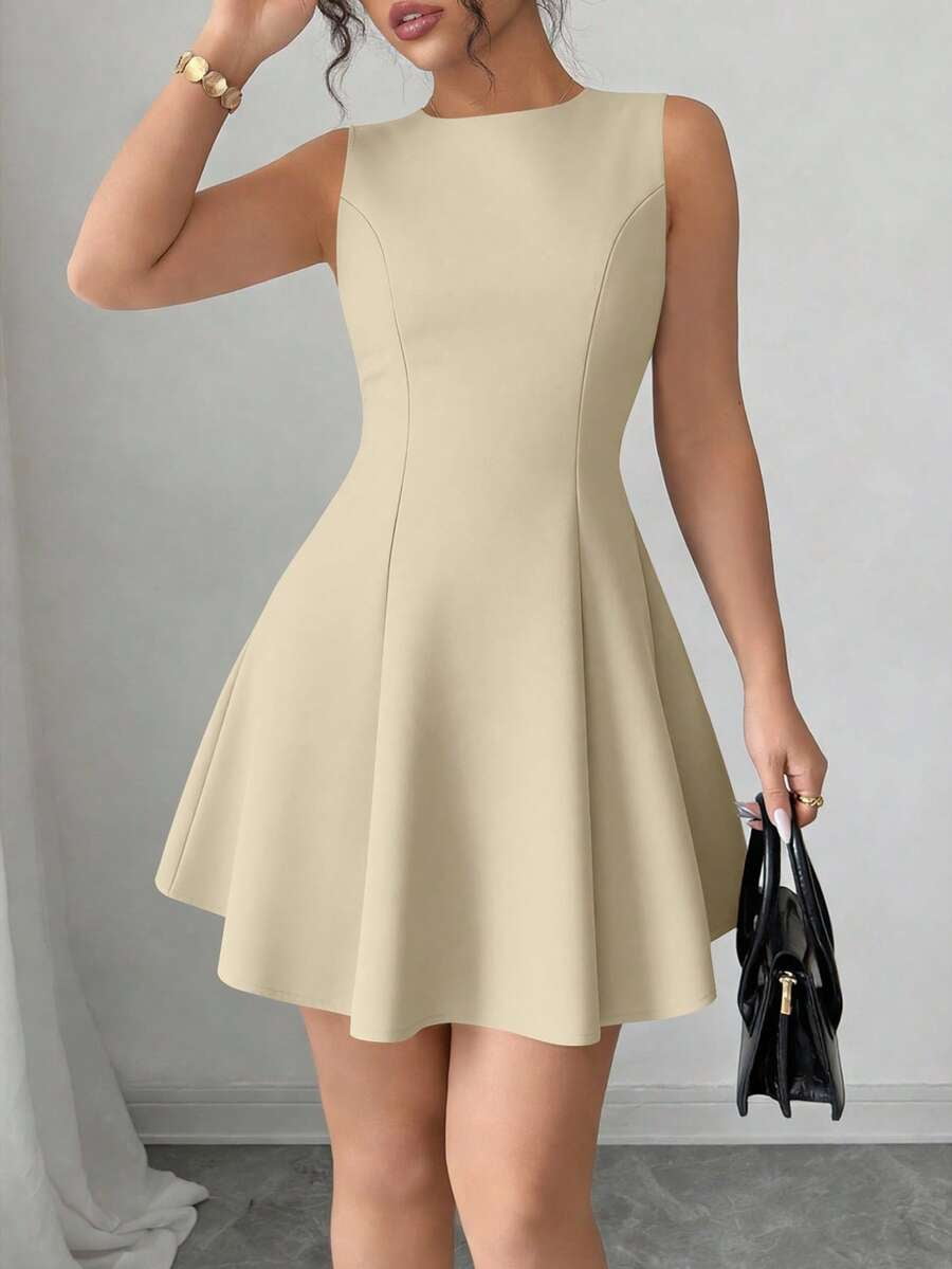 Beige Sleeveless Boat Neck A-Line Mini Dress For Women Formal Cocktail ...