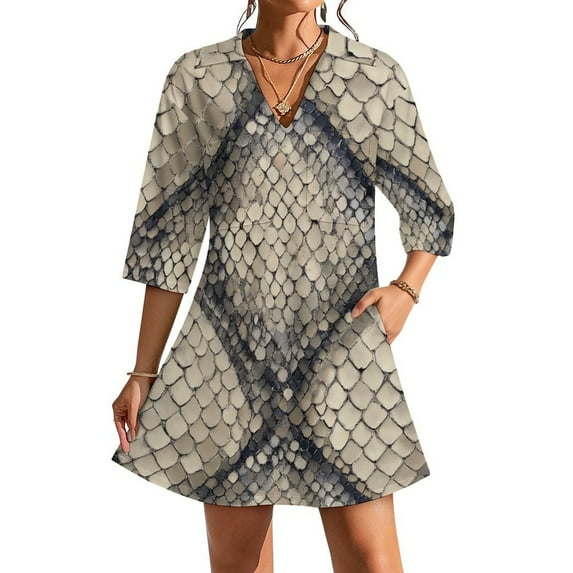 Beige Snakeskin Pattern Texture Womens Dress With Pockets Summer V Neck ...