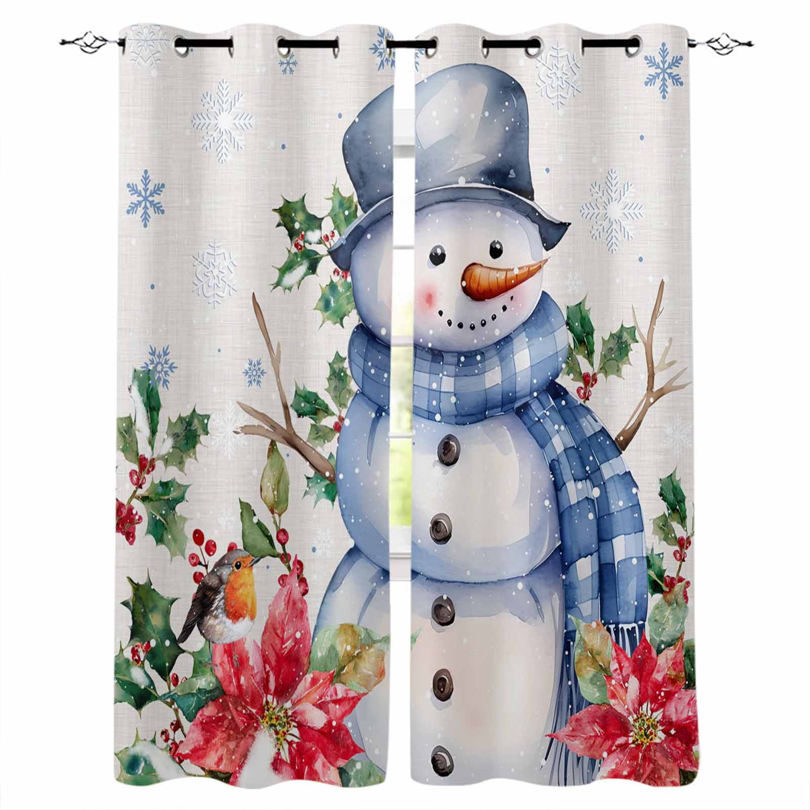 Beige Snowman Blackout Curtains 96 Inches Long, Christmas Poinsettia ...