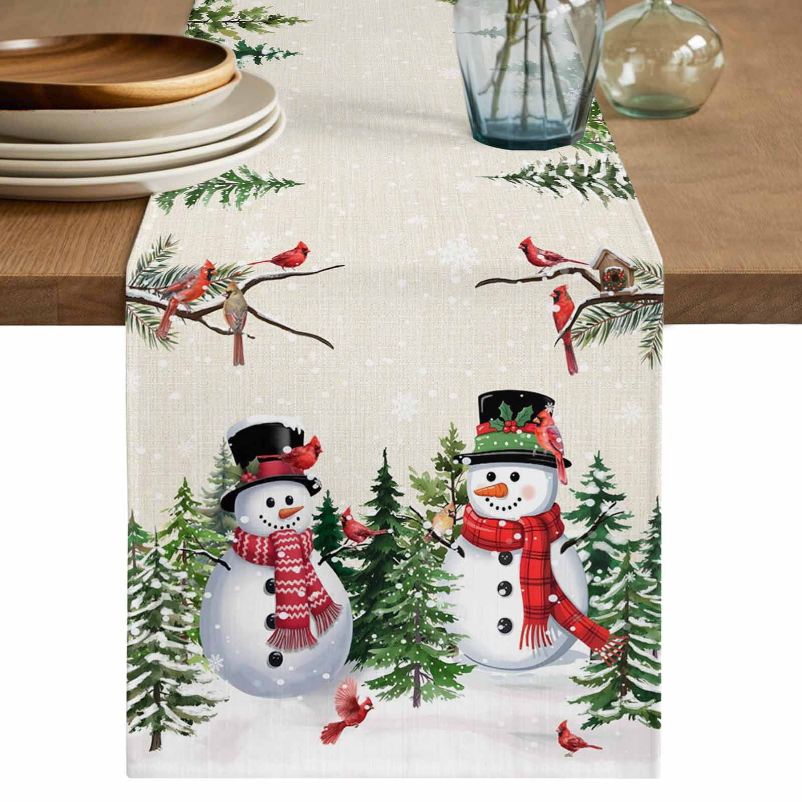 Beige Snowman Christmas Table Runner 60 Inches, Xmas Tree Snowflake ...
