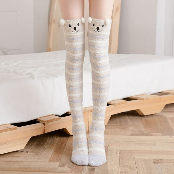 Beige Socks for Women's Cartoon Fuzzy Socks Winter Warm Over Knee High ...