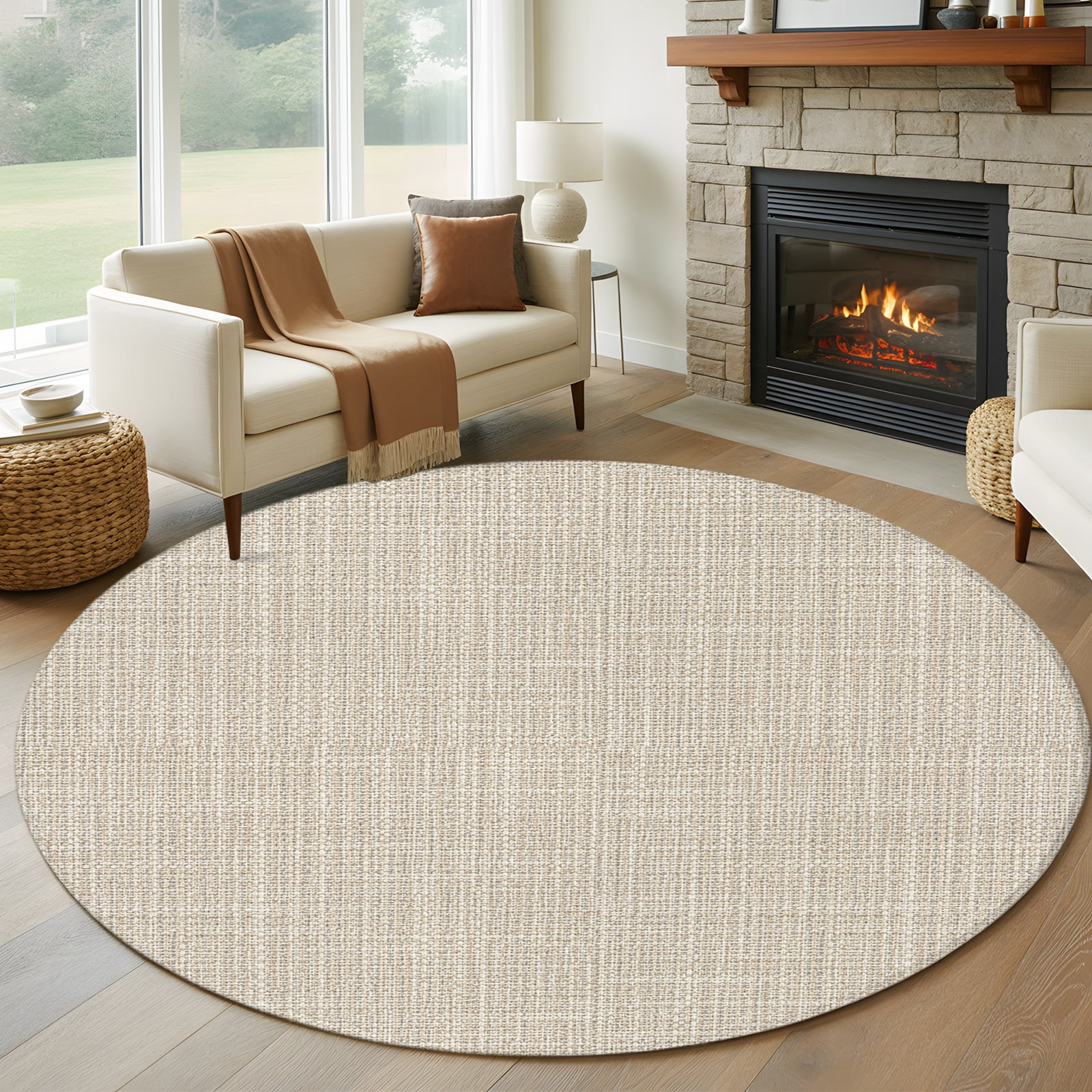 Beige Solid 8FT Round Area Rugs for Living Room Minimalist Cloth Cream ...