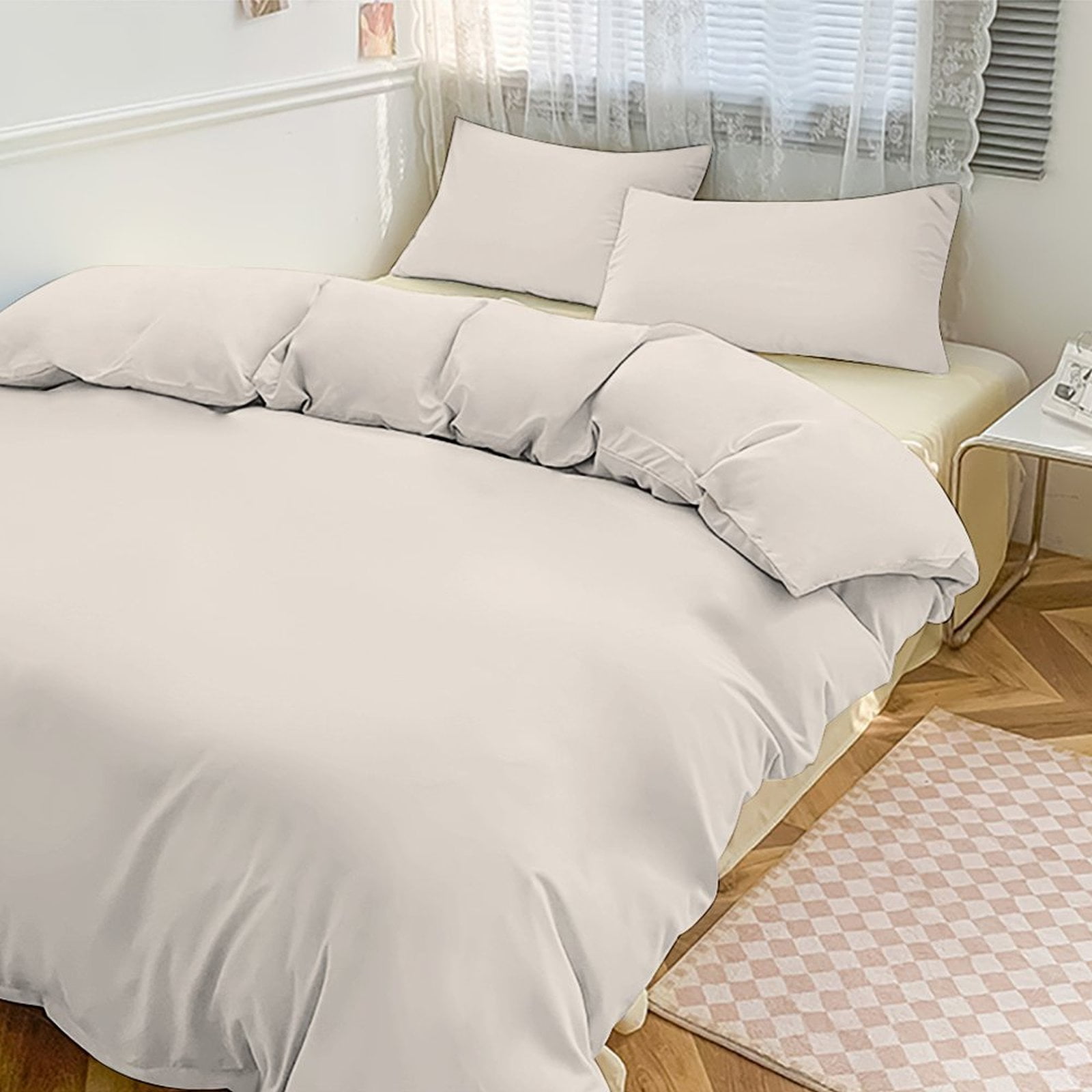 Beige Solid Color 79"x90" 3 Pcs Soft Bedding Set, Includes Duvet Cover ...