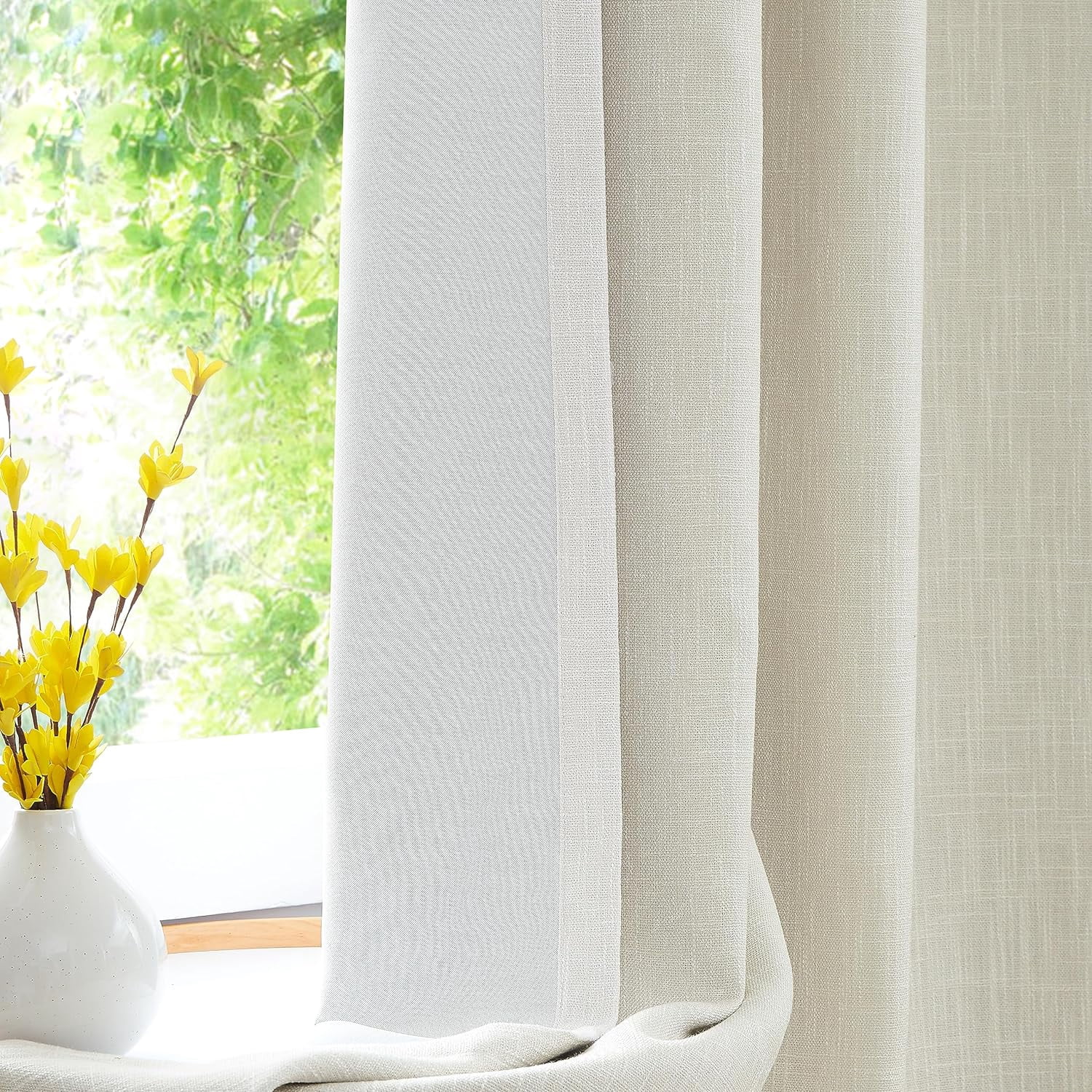 Beige Solid Full Blackout Curtain Heavy Linen Texture Window Treatment ...