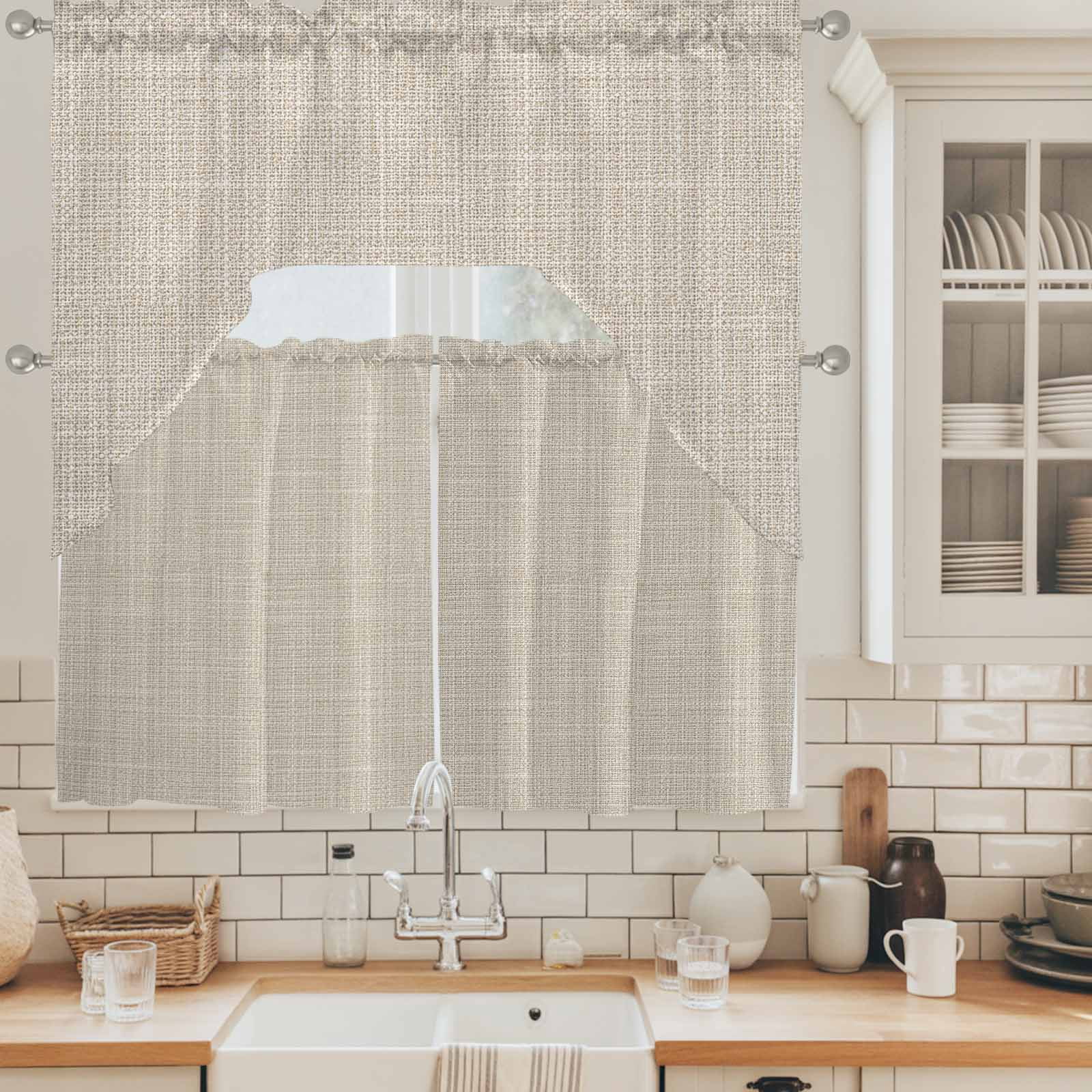 Beige Solid Swag Curtains Valance and Tier Set, Minimalist Cloth Cream ...